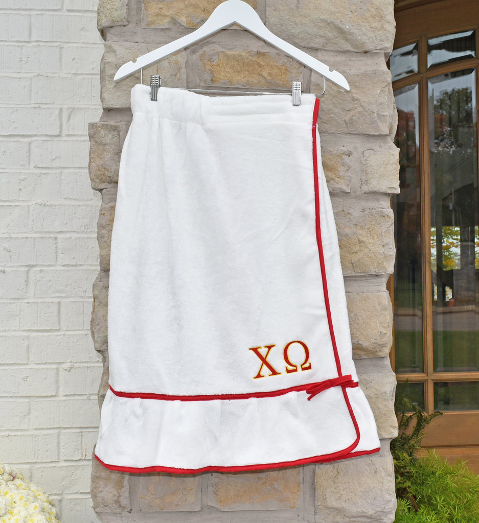 Chi Omega White Ruffle Spa Wrap – Greek Street